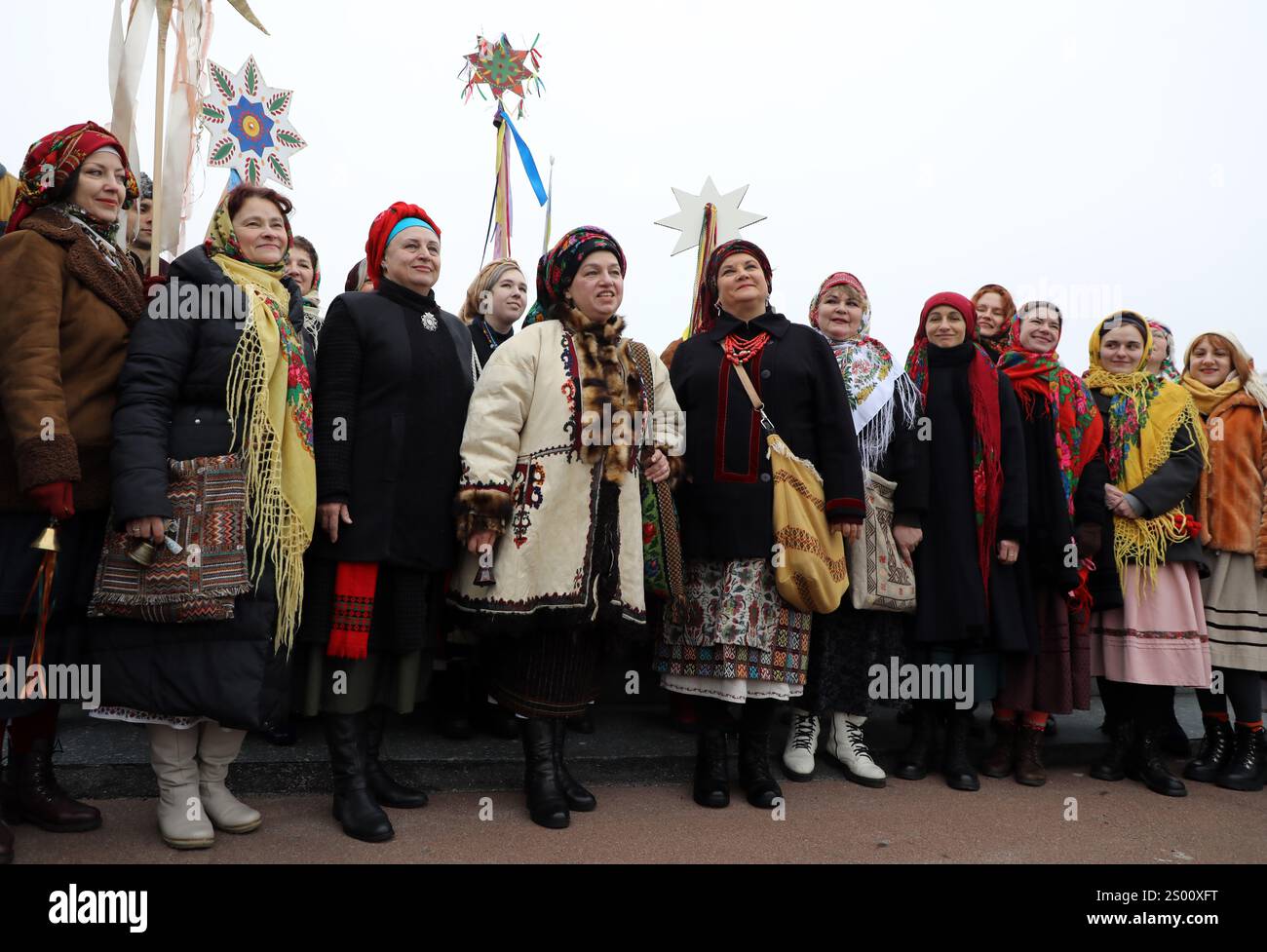 KYIV, UKRAINE - DECEMBER 22, 2024 - Members of the Kyiv Koliada community in Ukrainian folk ...