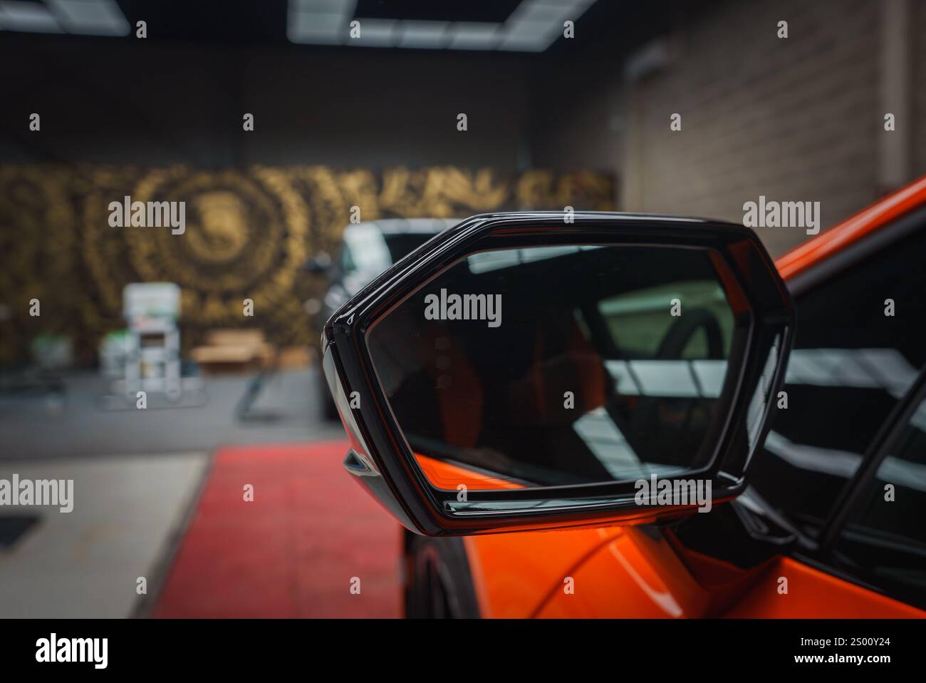 Close Up of Lamborghini Revuelto Side Mirror in Indoor Garage Stock ...