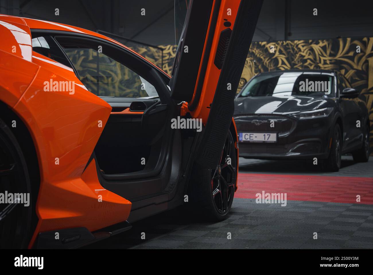 Close Up of Orange Lamborghini Revuelto with Scissor Door Open Indoors ...