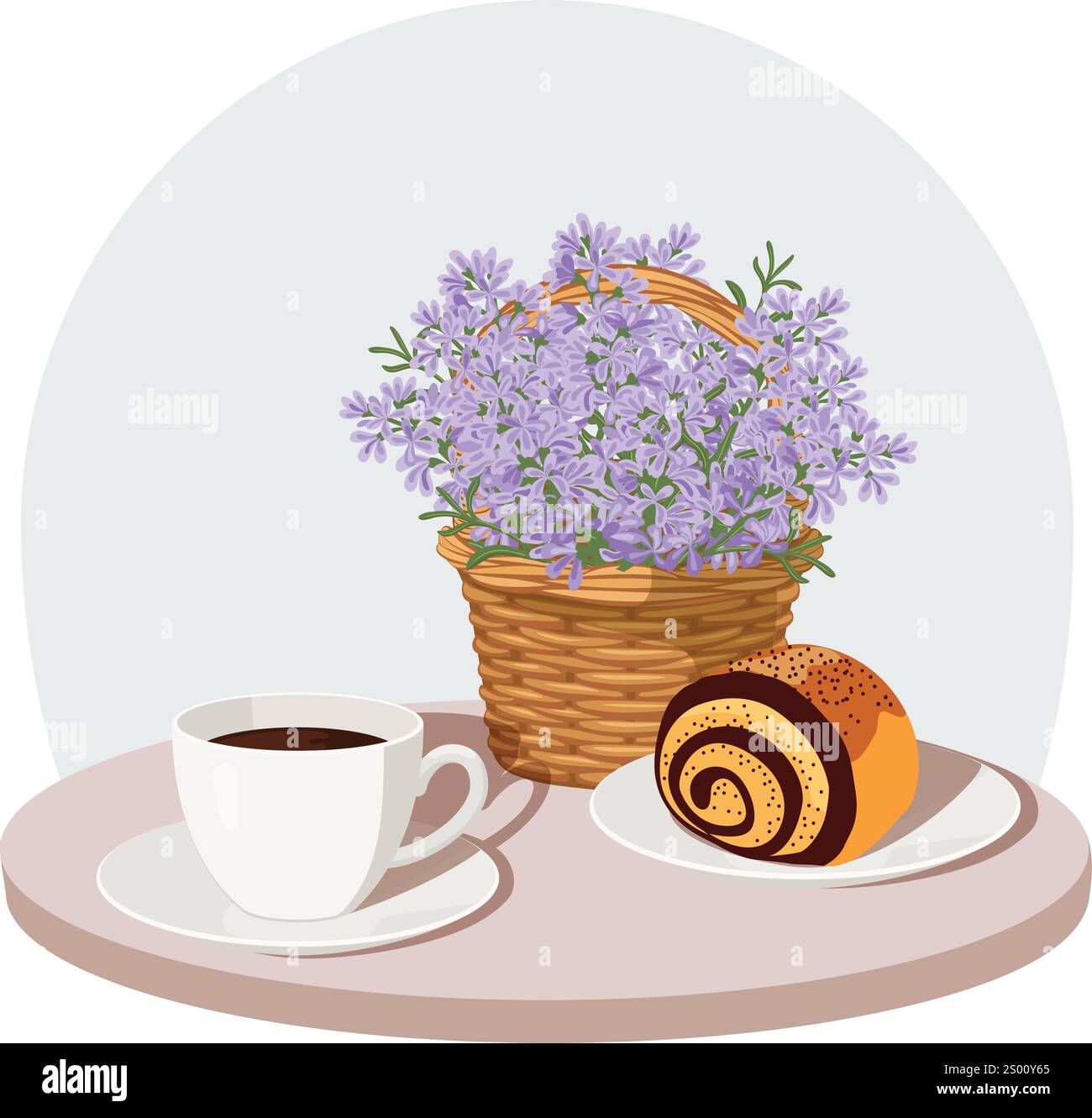 Hand drawn still life illustration of coffee and a poppy bun Stock ...