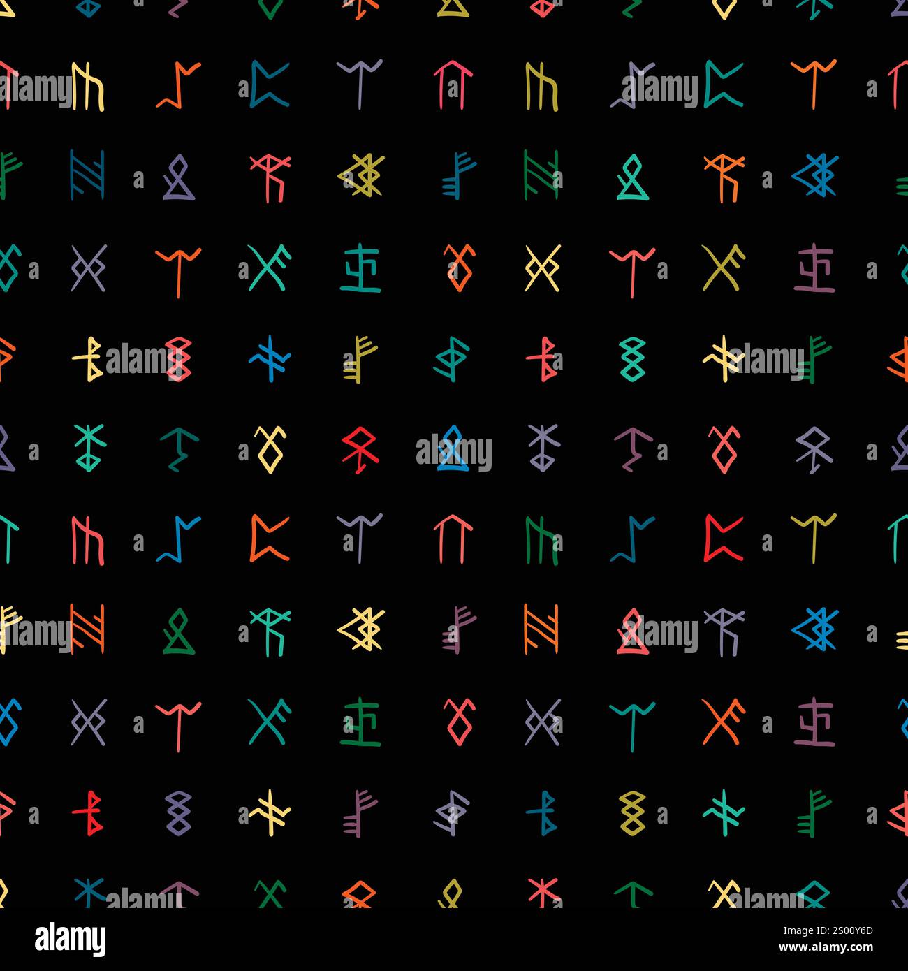 Hand drawn colorful seamless pattern with runes and runic alphabet ...