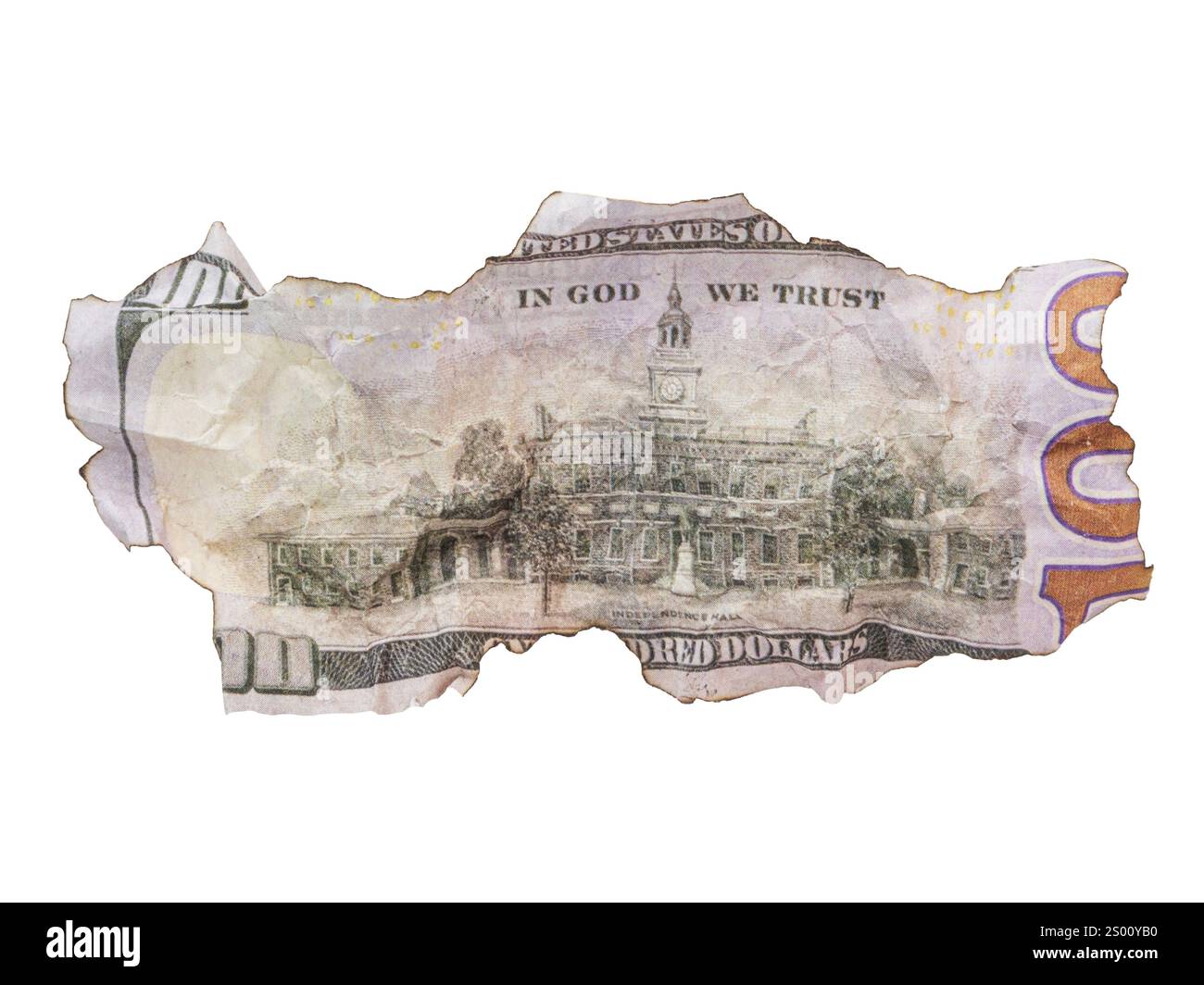 torn and burnt one hundred dollar bill isolated on white Stock Photo ...