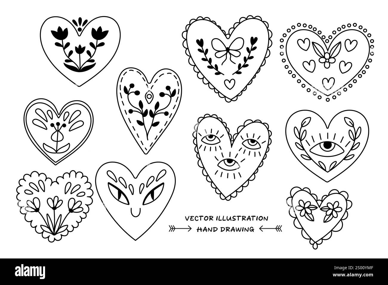 Set of hand drawn hearts with ornaments inside, doodle black Stock ...