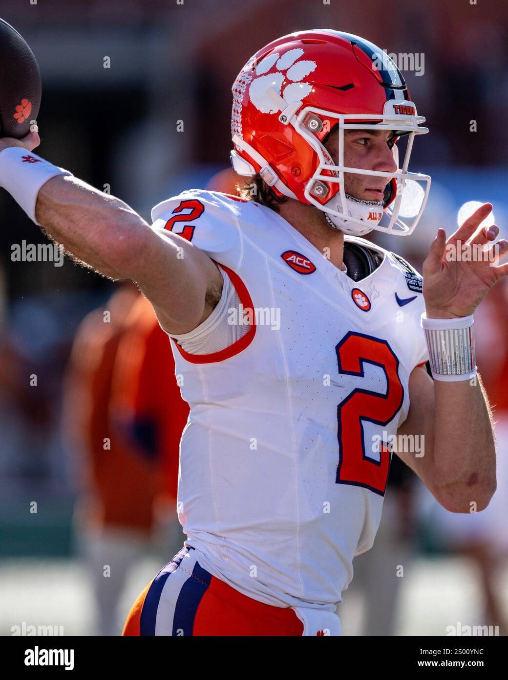 Dec 21, 2024. Cade Klubnik #2 of the Clemson Tigers during warmups before the game vs the Texas ...
