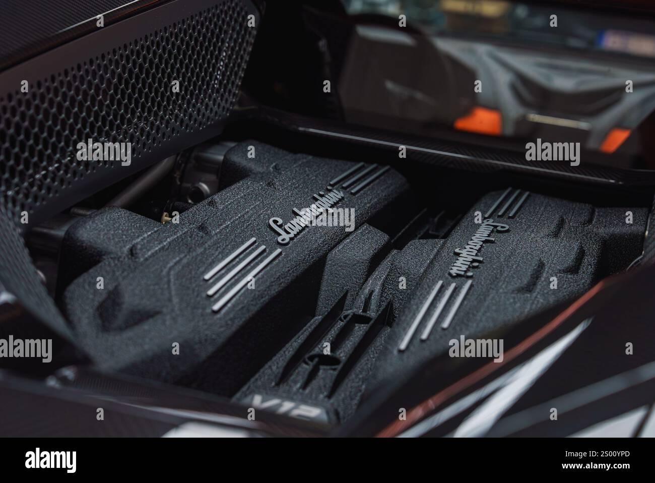Close Up of Lamborghini Revuelto V12 Engine Compartment Indoors Stock ...