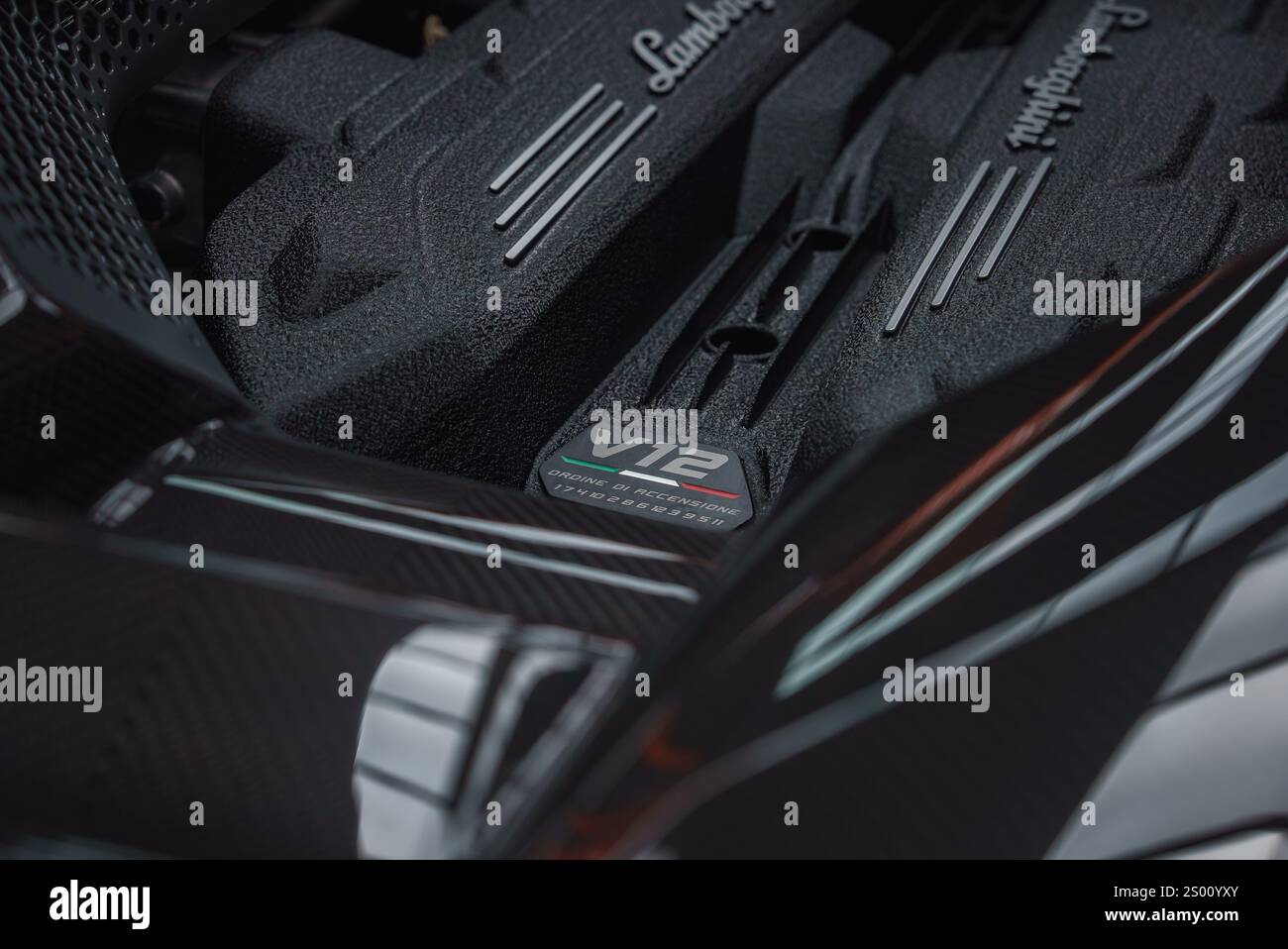 Detailed view of the Lamborghini Revuelto's engine compartment ...