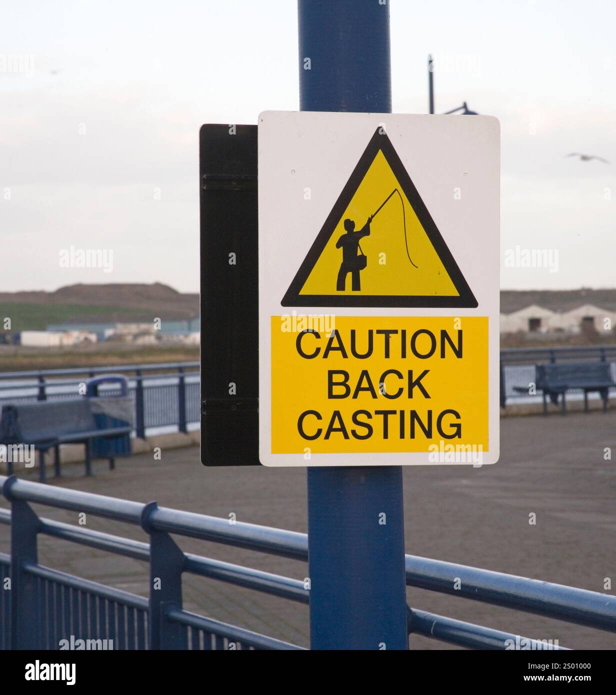 warning signs for fishermen back casting on erith pier on the river ...