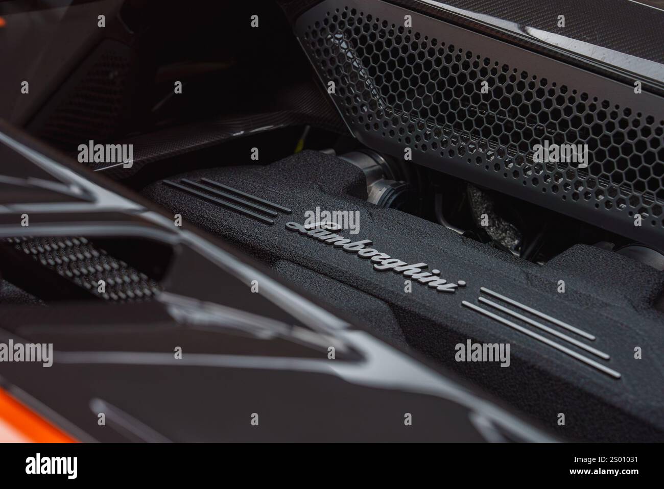 Close Up of Lamborghini Revuelto Engine Compartment with Logo Stock ...