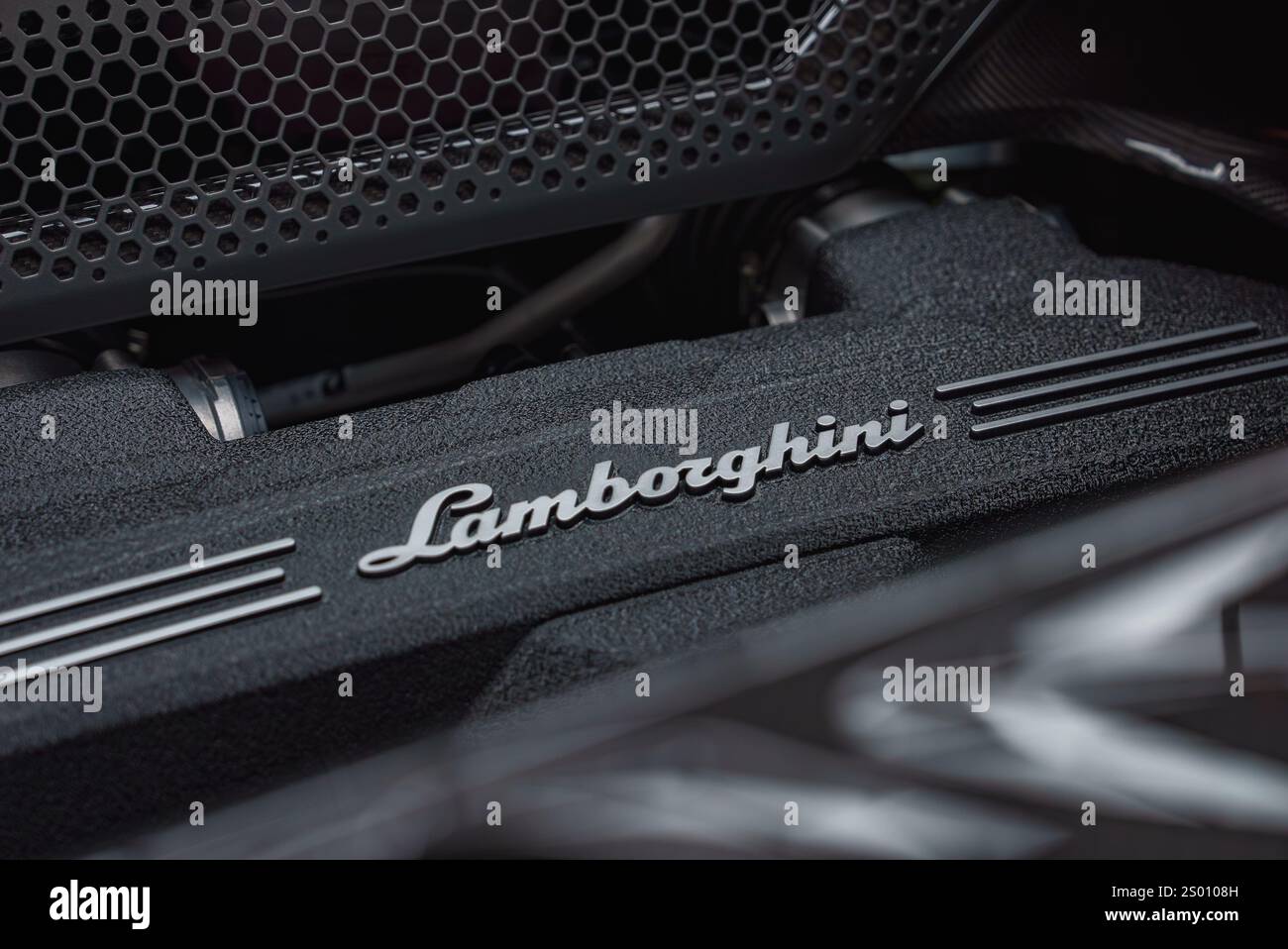 Close Up of Lamborghini Revuelto Engine with Logo and Grille Stock ...