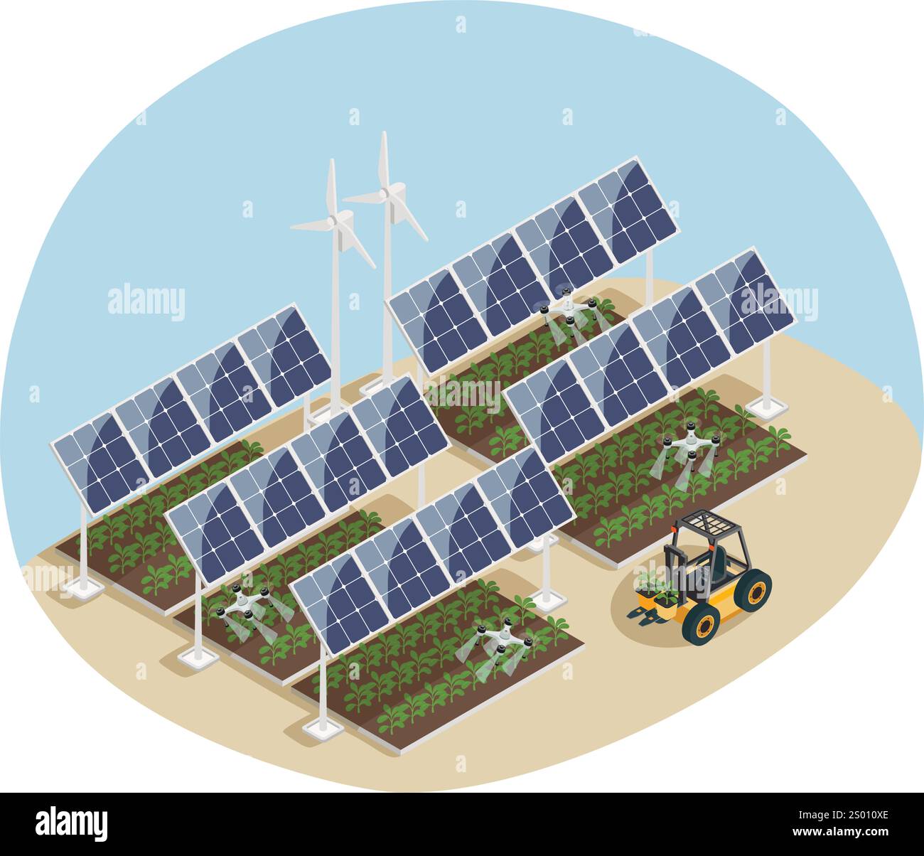 Smart farm with wind turbines, solar panels and agrodrones. Isometric ...