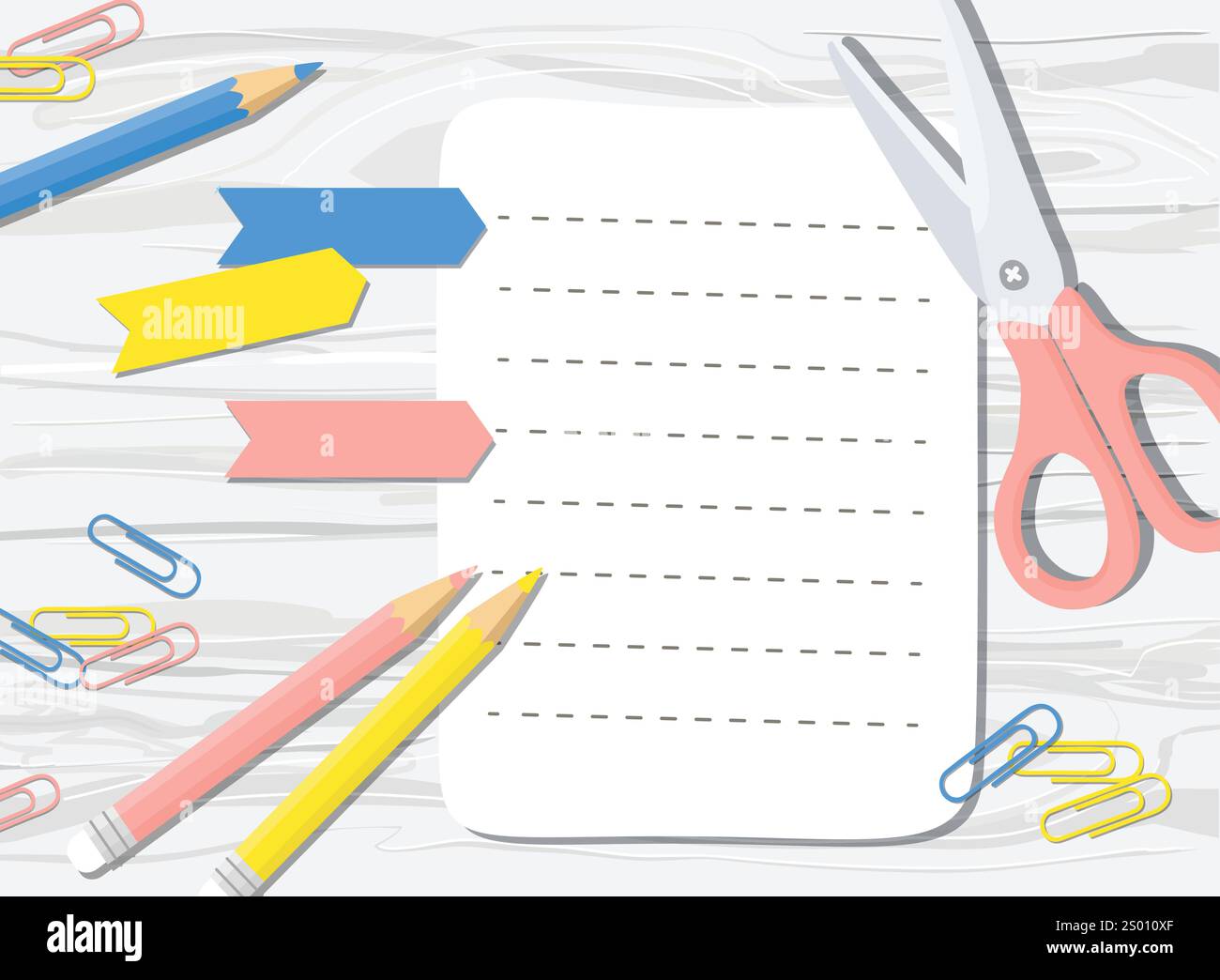 Hand drawn flat lay mockup of blank sheet of paper with stationery on ...