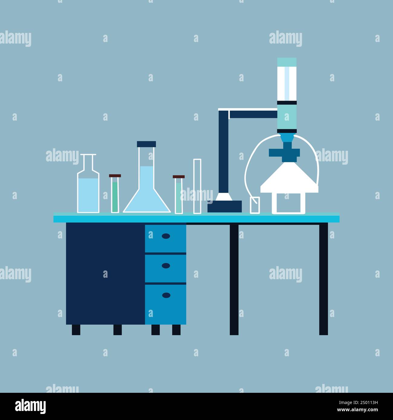 Laboratory table with chemical bottles and test tubes, vector ...