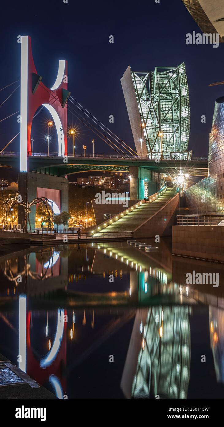 Night view of Bilbao featuring the illuminated La Salve Bridge ...