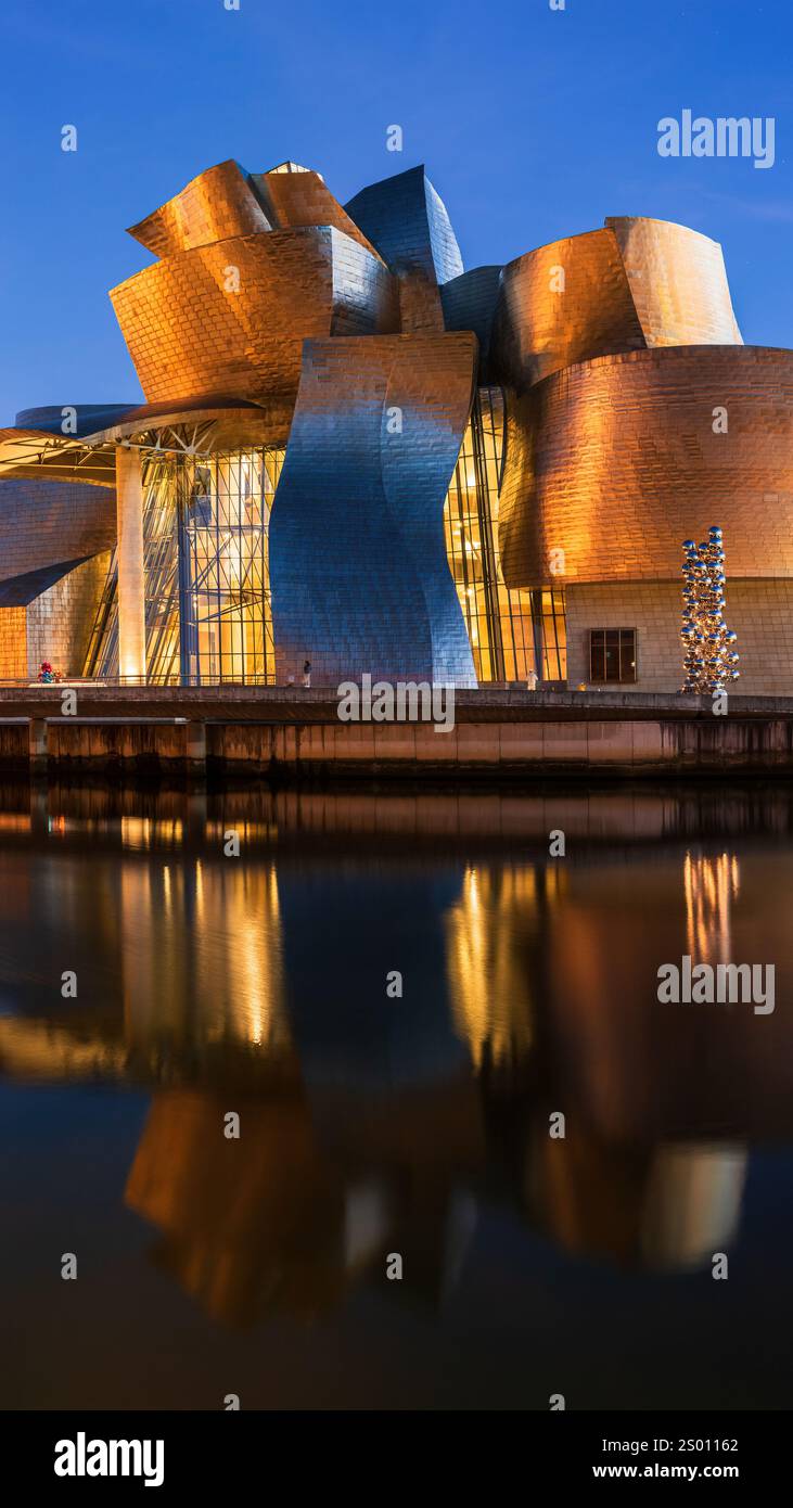 Night view of the Guggenheim Museum in Bilbao, Spain, with illuminated ...