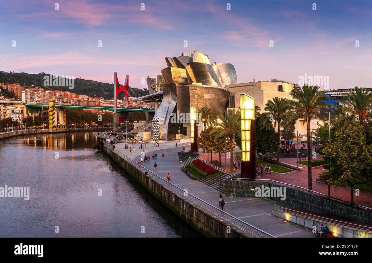 Night view of the Guggenheim Museum in Bilbao, Spain, with illuminated ...