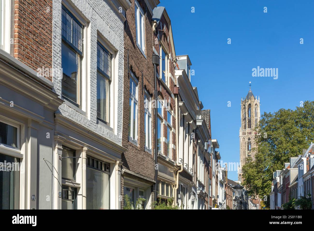 Historical facade "lange nieuwstraat" with Dom Tower "Domtoren" in the ...