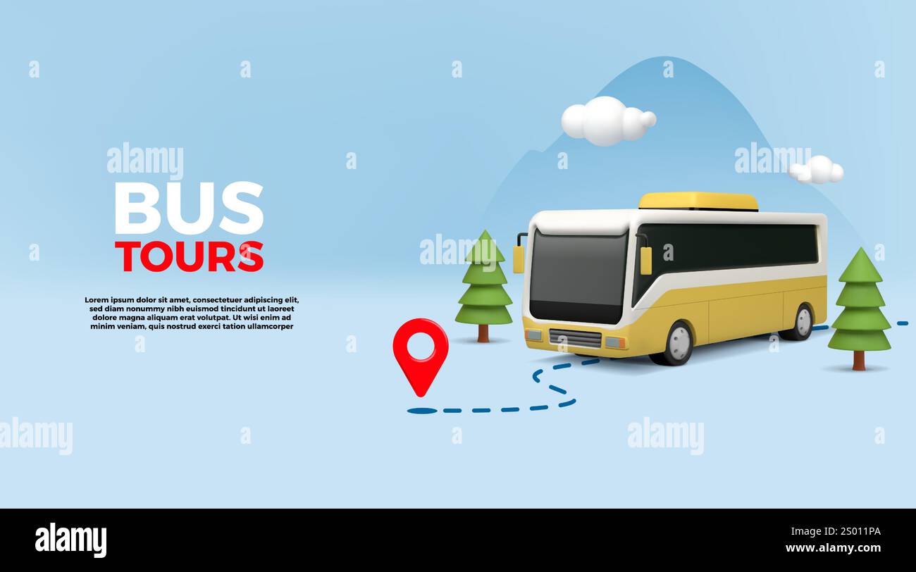 Shuttle bus tour. 3D public transport. Way route. Commercial road trip ...