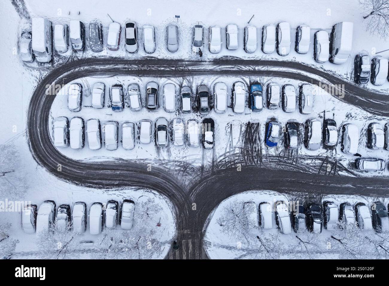 An aerial view of parked cars during heavy snowfall in Alipasino Polje ...