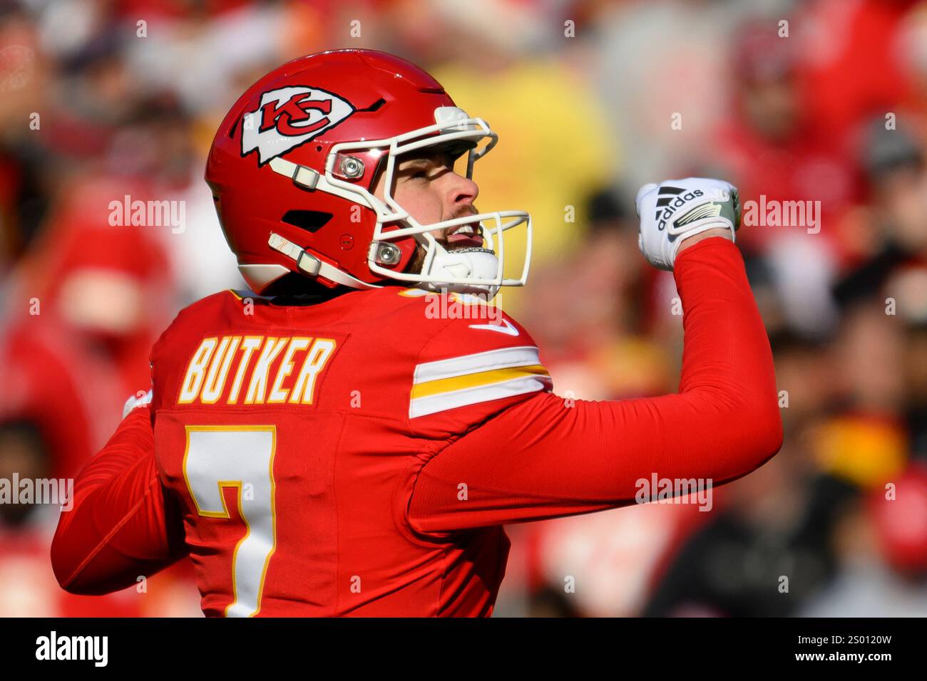 Kansas City Chiefs place kicker Harrison Butker watches his point after ...