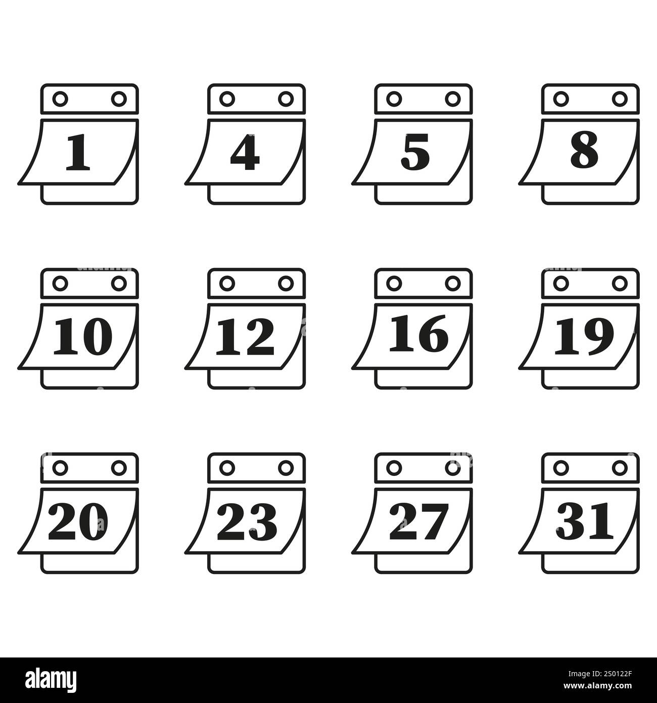 Calendar dates icons. Bold number details. Page flip shapes. Black ...