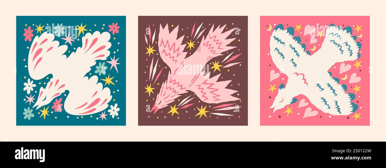 Bird of peace. Dove Boho collage. Naive drawing. Birdie flight ...