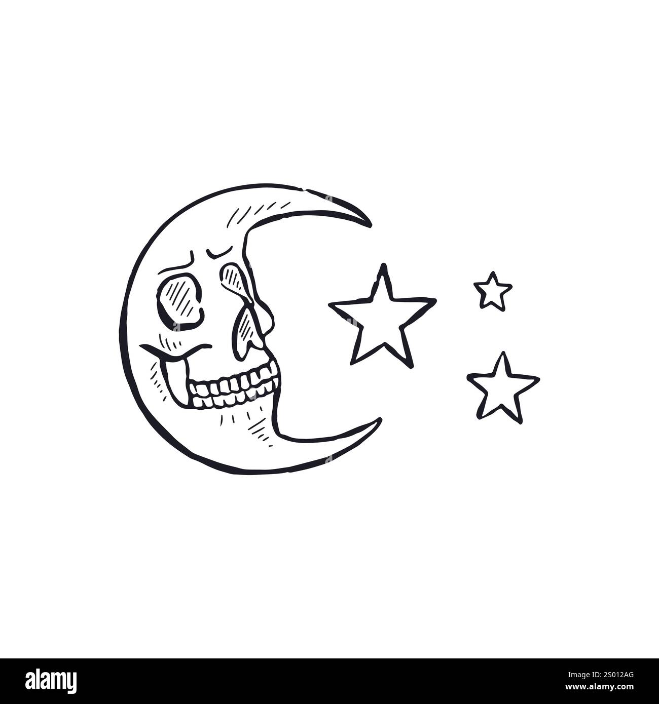 Hand drawn sketchy crescent moon with skull face and star isolated on ...