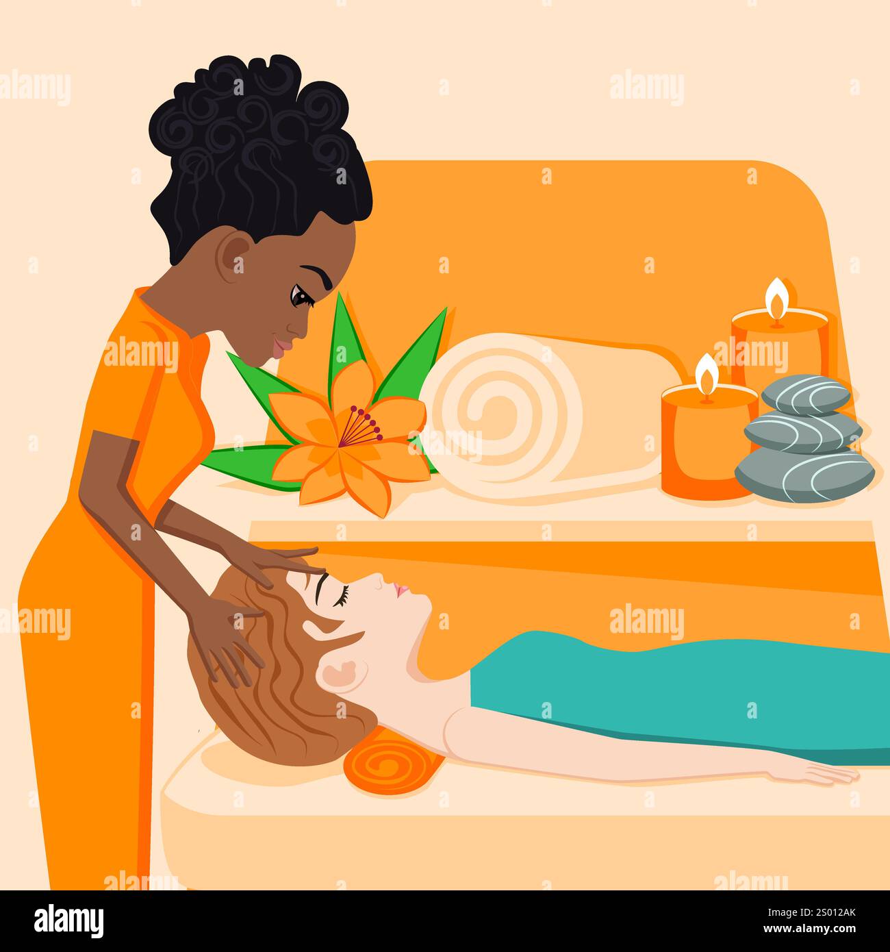 Relaxation massage. Therapy and treatment by professional therapist in SPA. Isolated flat vector ...