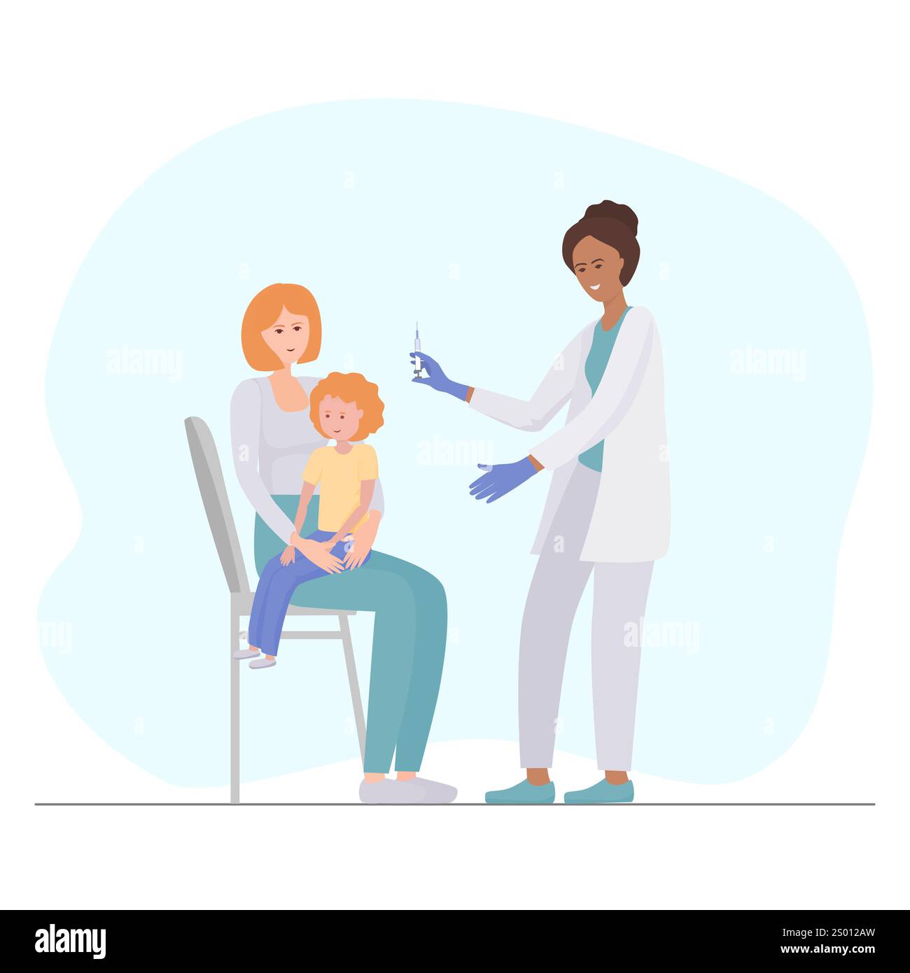 A doctor with a syringe gives an injection to a child sitting on his ...