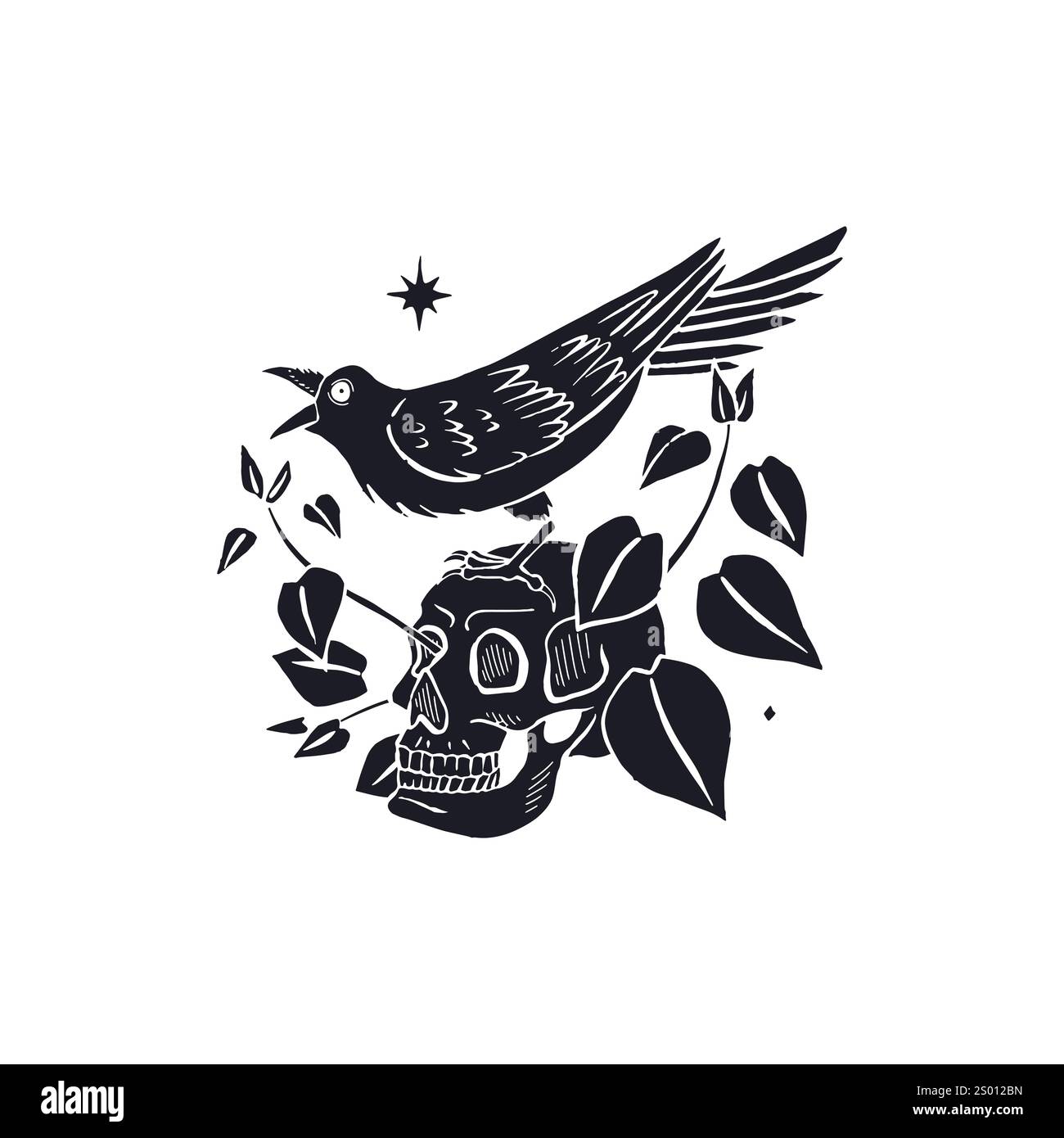 Hand drawn monochrome inky sketch style raven or crow sitting on human ...