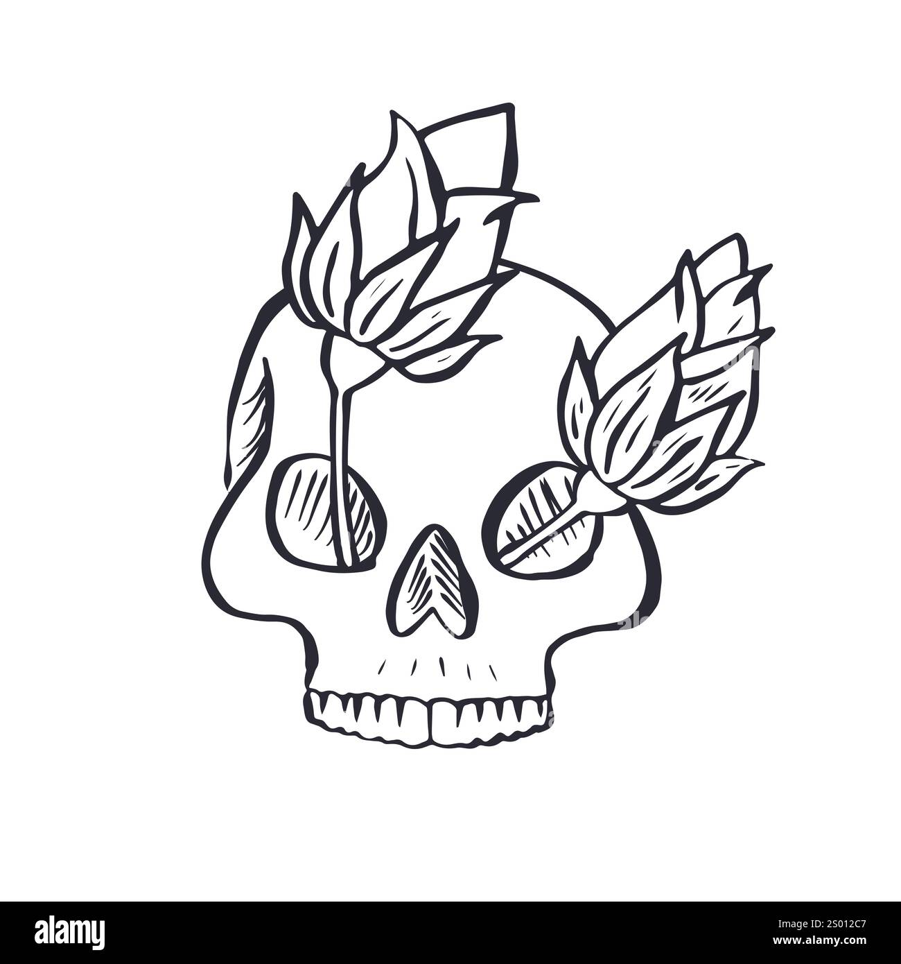 Hand drawn inky floral human skull with rose in the eye sketch Stock ...