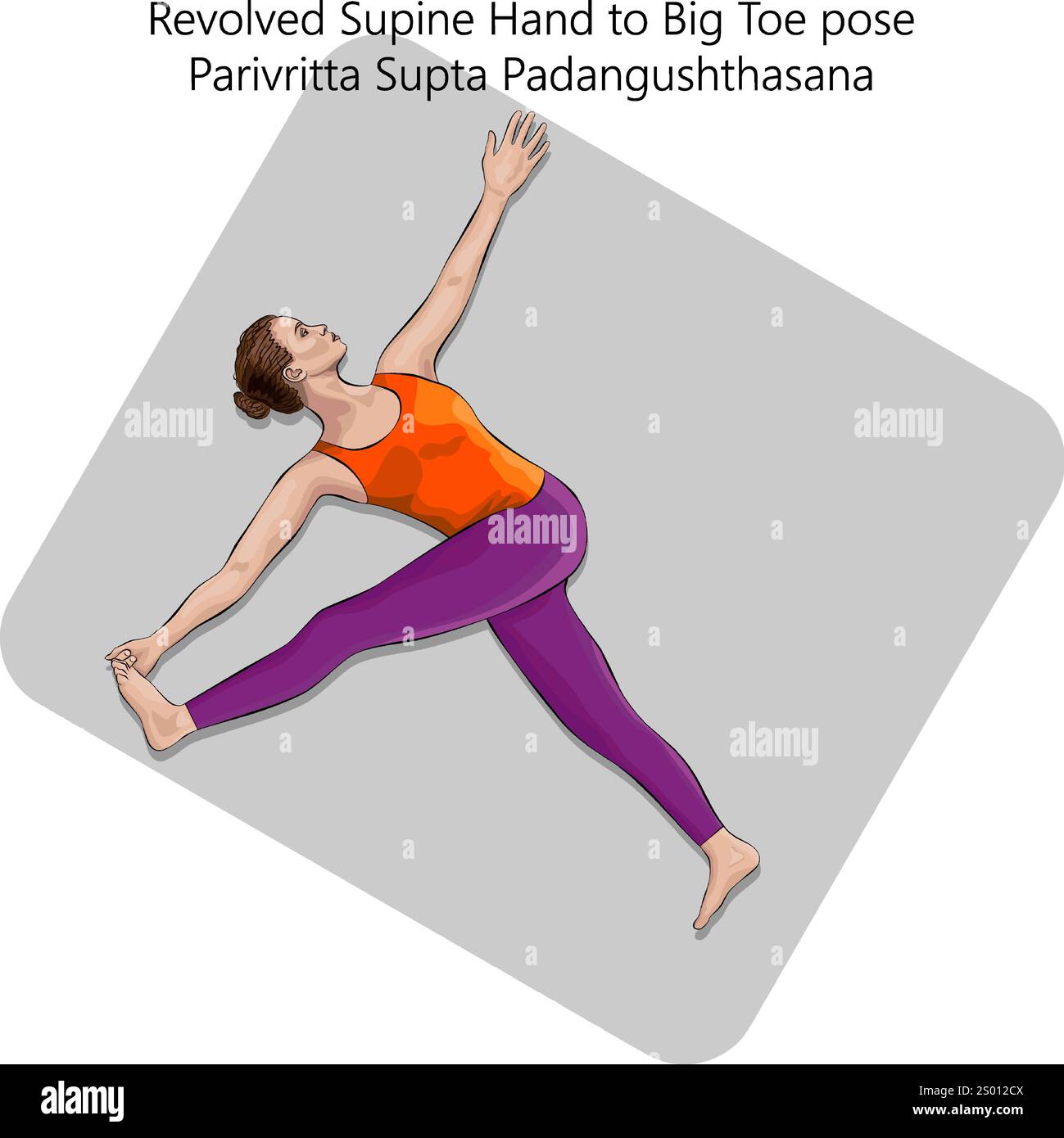 Young woman practicing Parivritta Supta Padangushthasana yoga pose.Revolved Supine Hand to Big ...