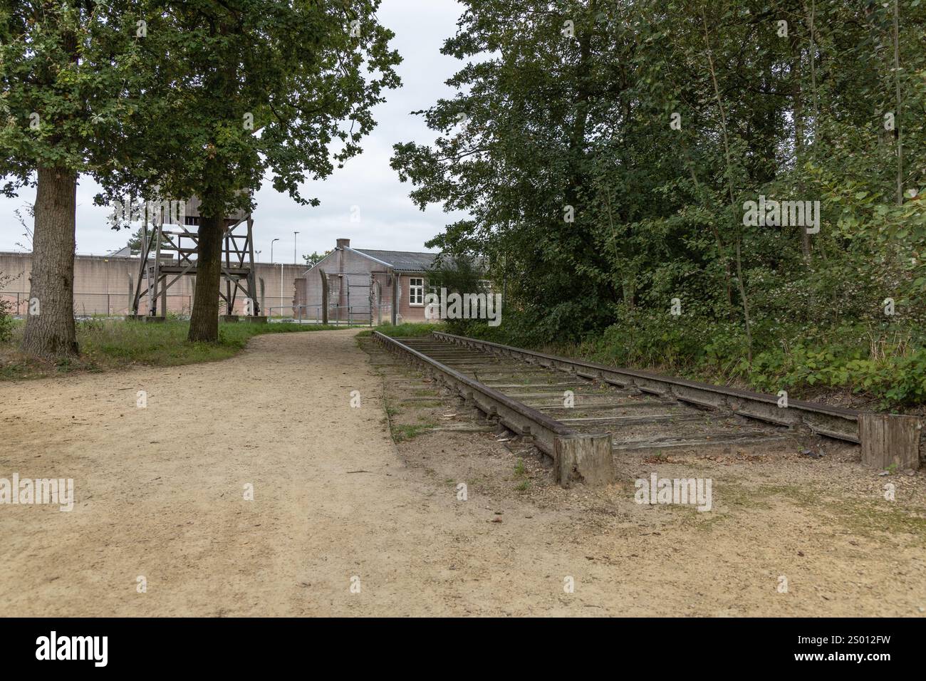 Rails towards Vught concentration camp and fences with barbed wire ...