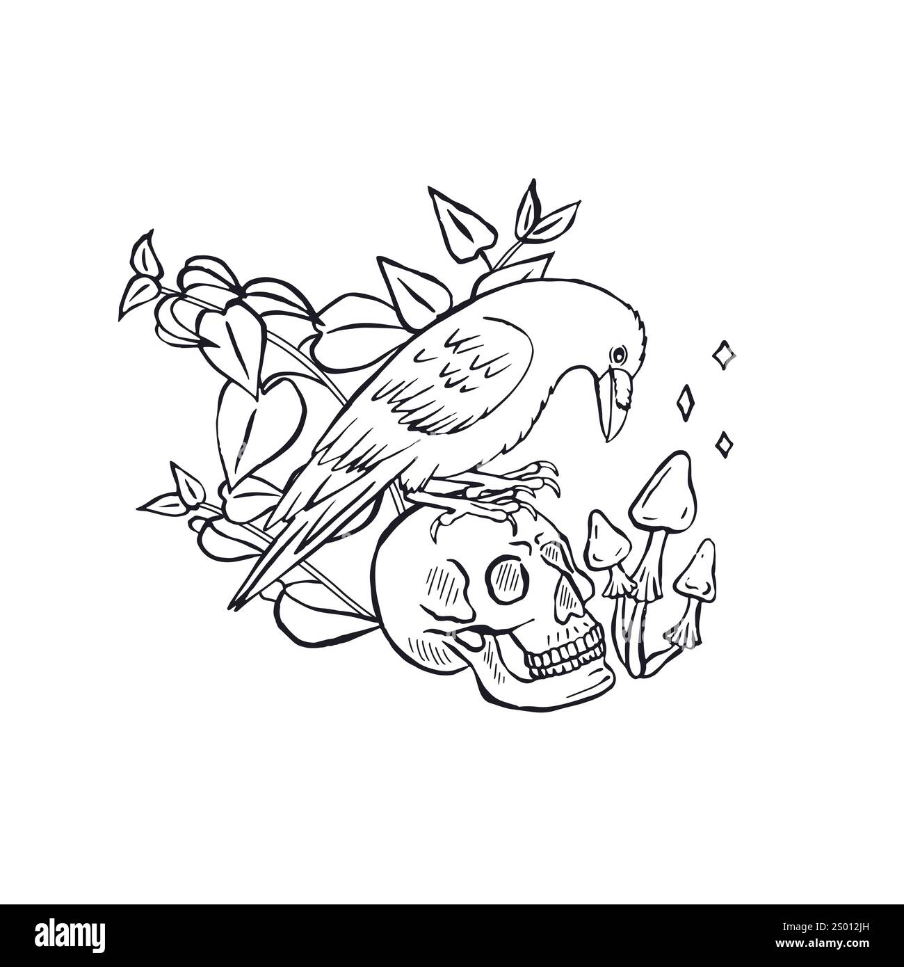 Hand drawn monochrome inky sketch style raven or crow sitting on human ...