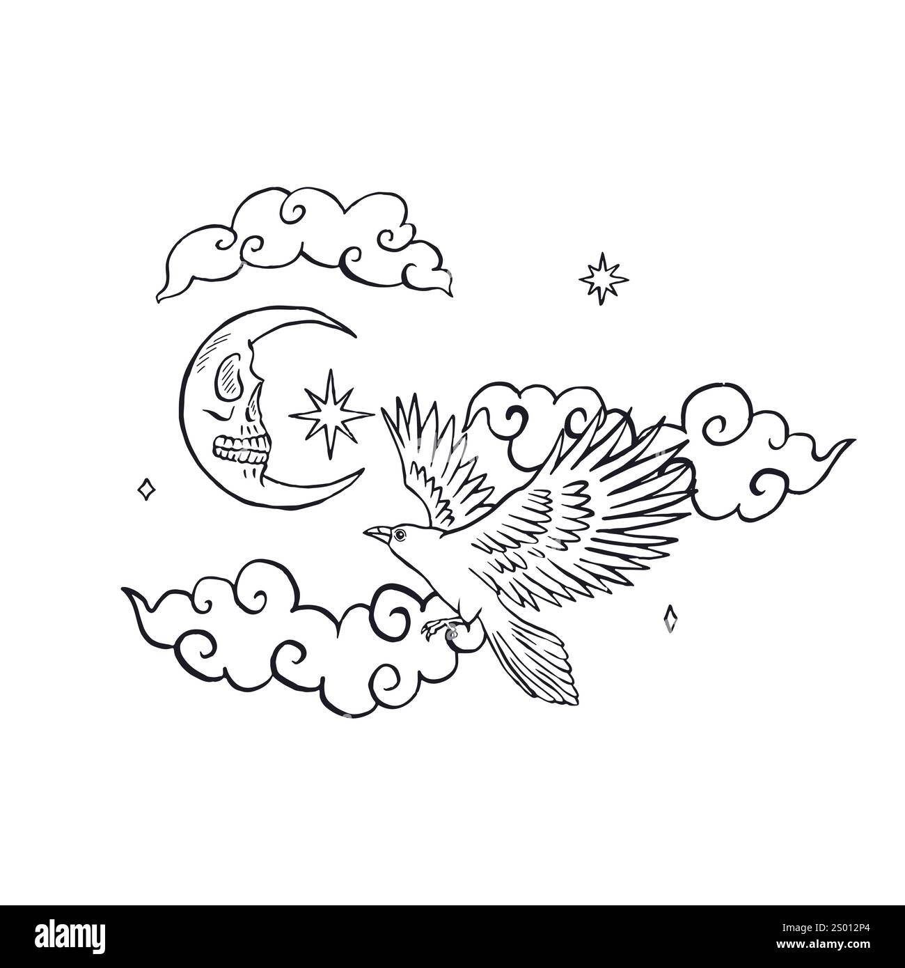 Mystic bird flying in night sky with crescent moon and clouds Stock ...