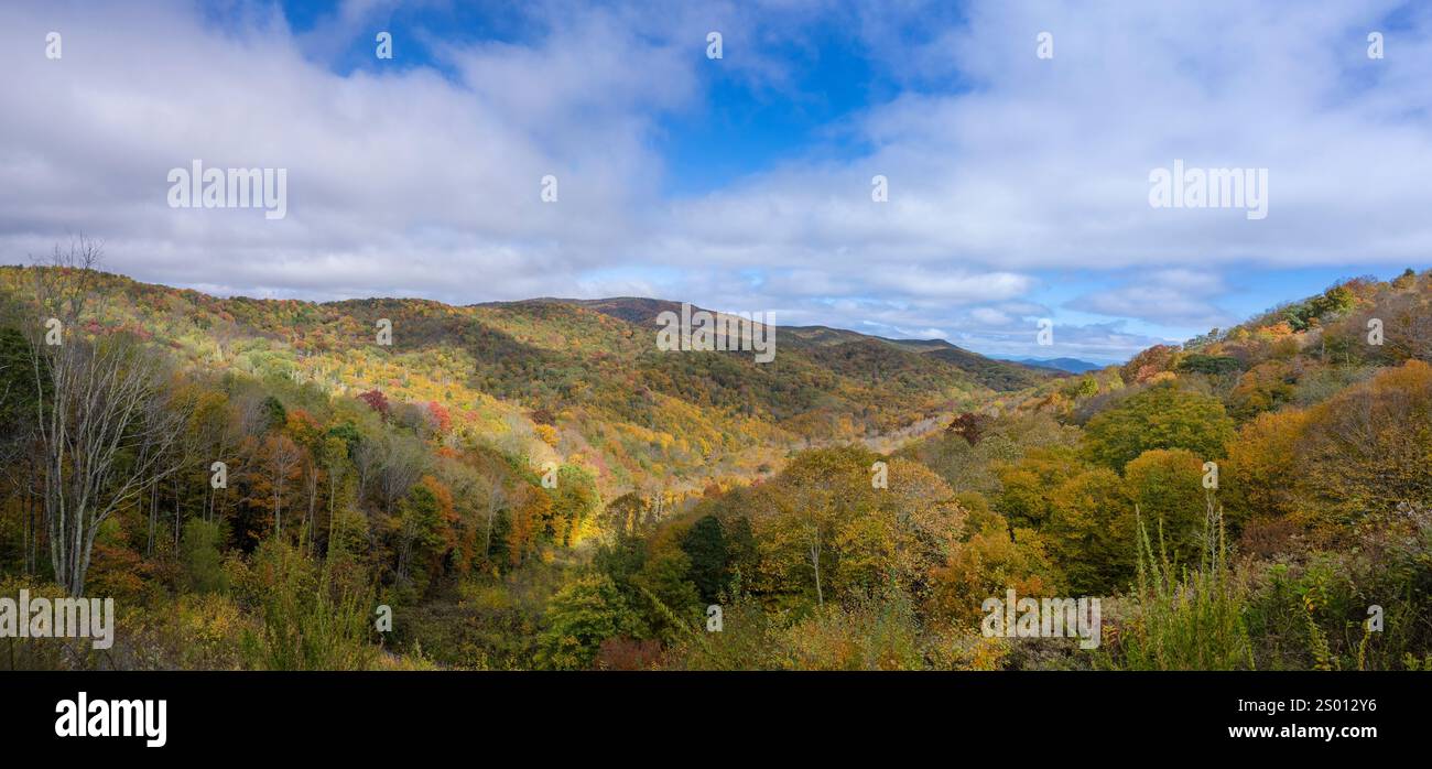 A panoramic of the southern Appalachian mountains in fall foliage. Shows colorful peaks and ...