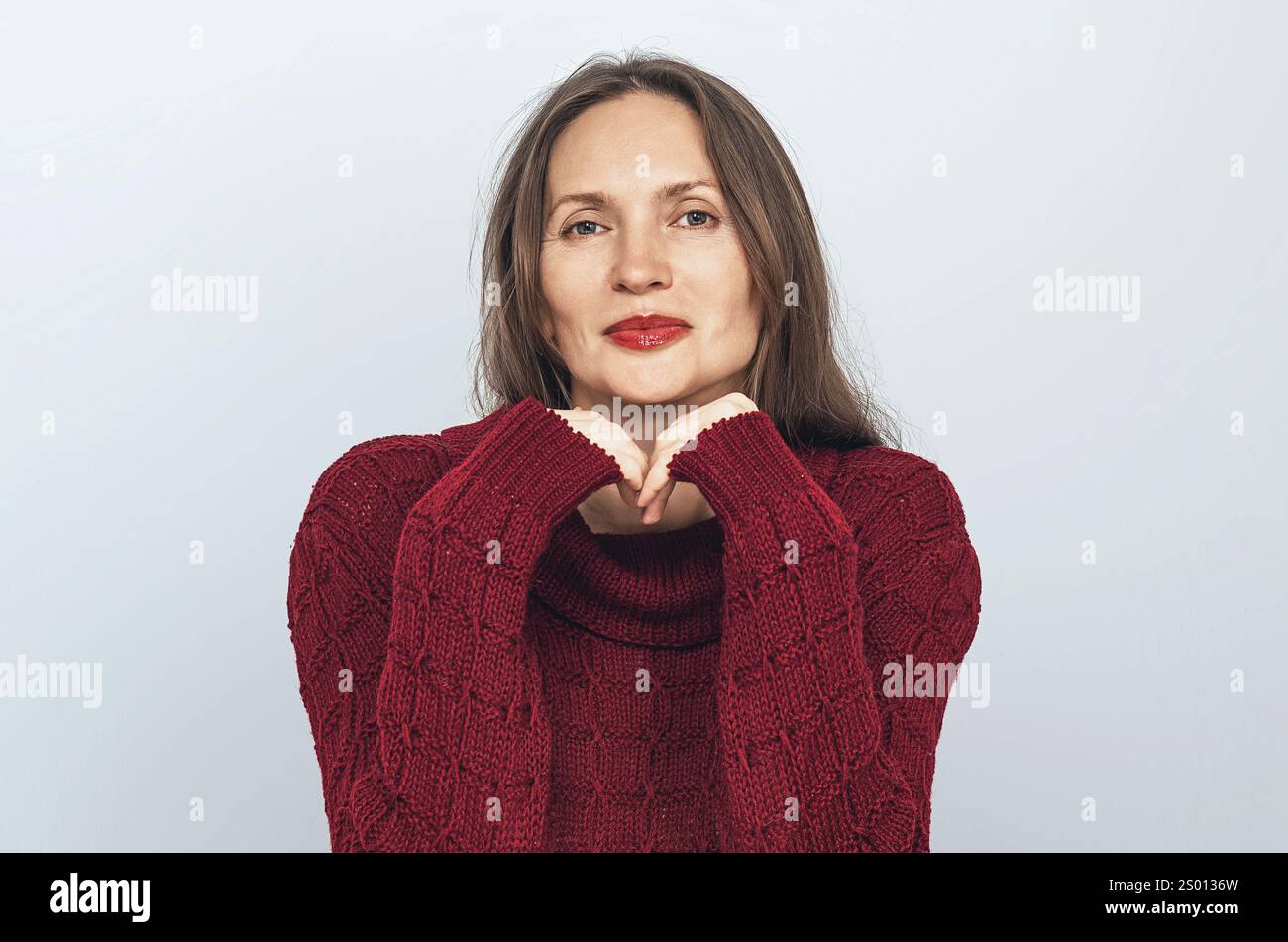 Portrait of mature positive woman, soft wrinkles around eyes. Natural ...