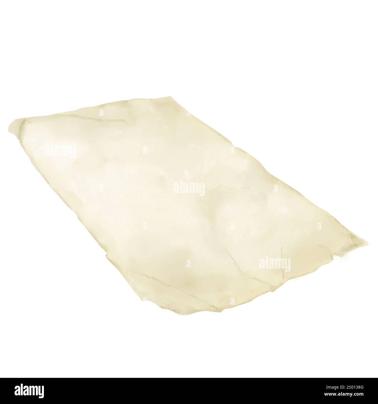 A sheet of old parchment paper with torn and wrinkled edges. Watercolor ...