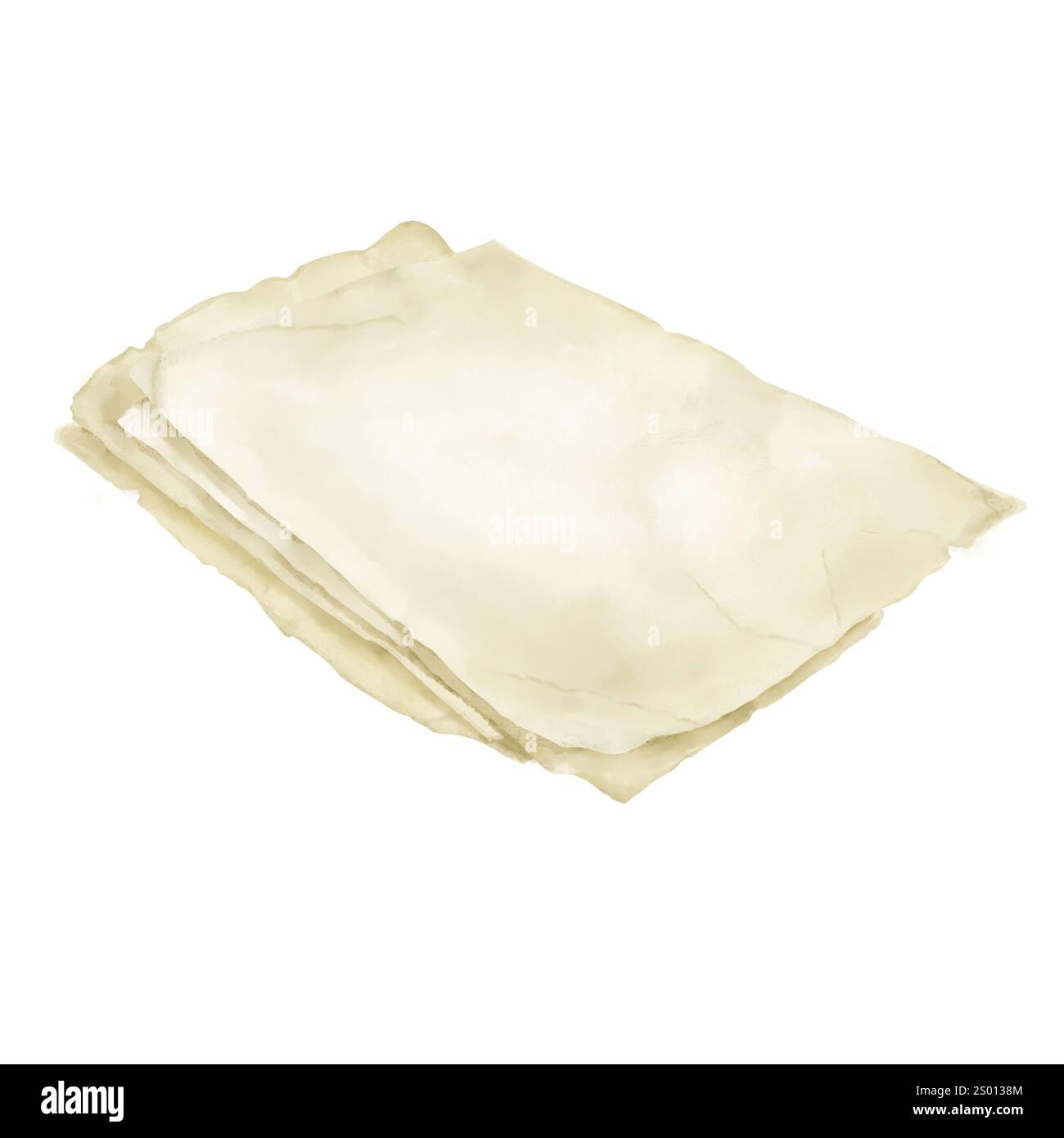 Stack of old parchment paper sheets with torn and wrinkled edges ...