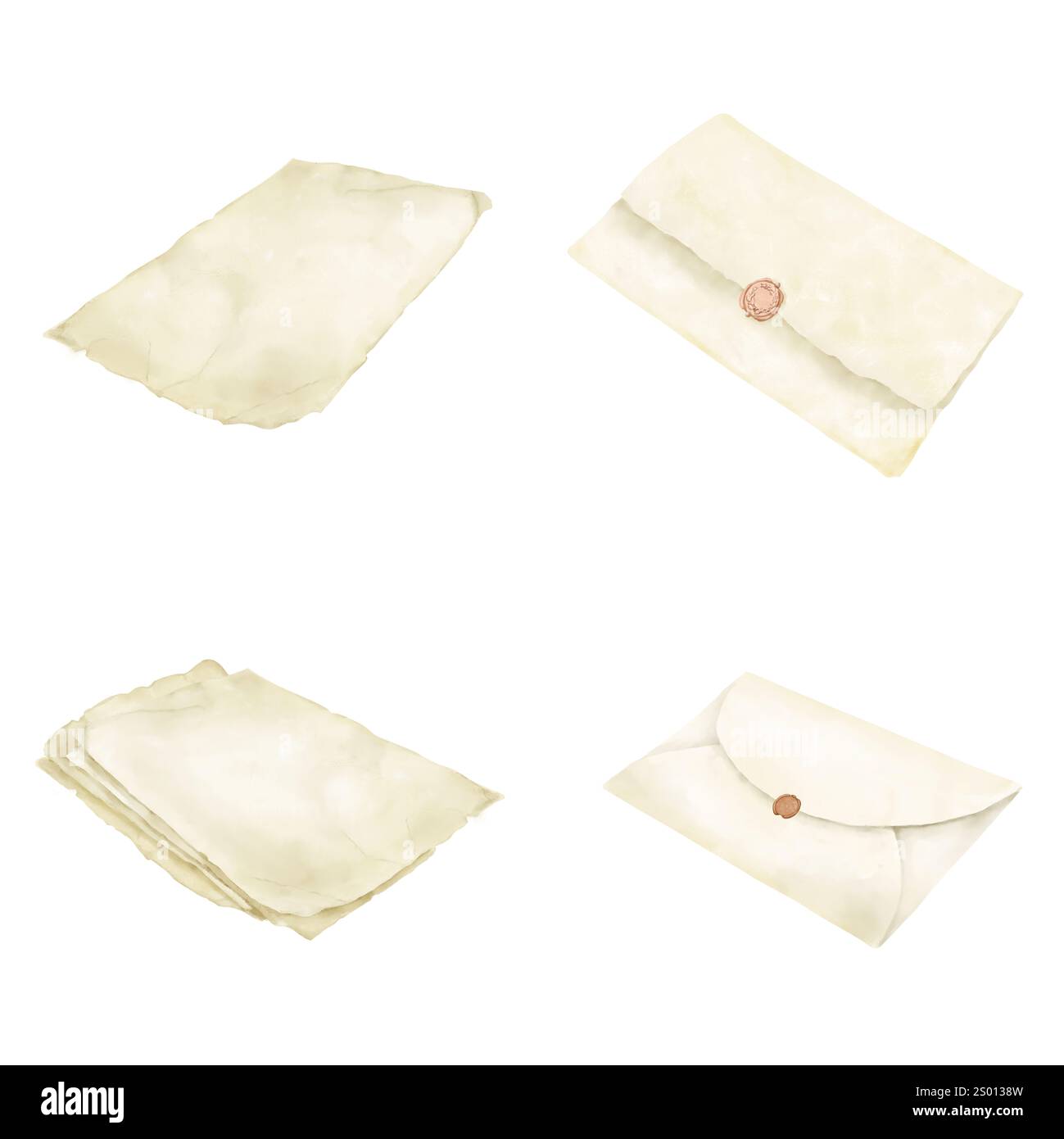 Stack of old parchment paper sheets and envelopes with wax seal in set ...