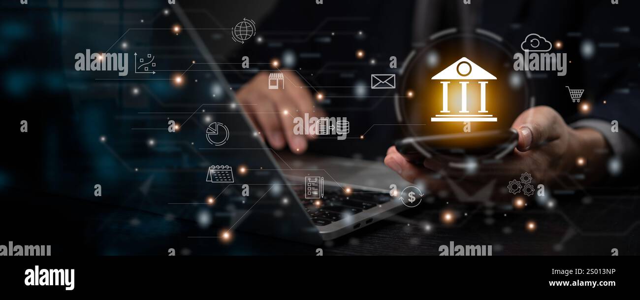 A hand holds a smartphone displaying a glowing bank icon with tech ...