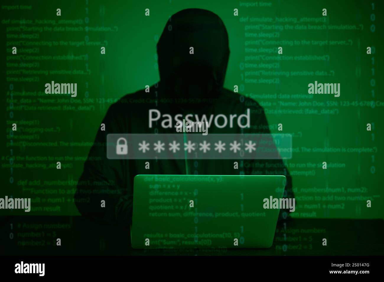 Hacker figure with password lock symbol on screen. Dark and mysterious ...