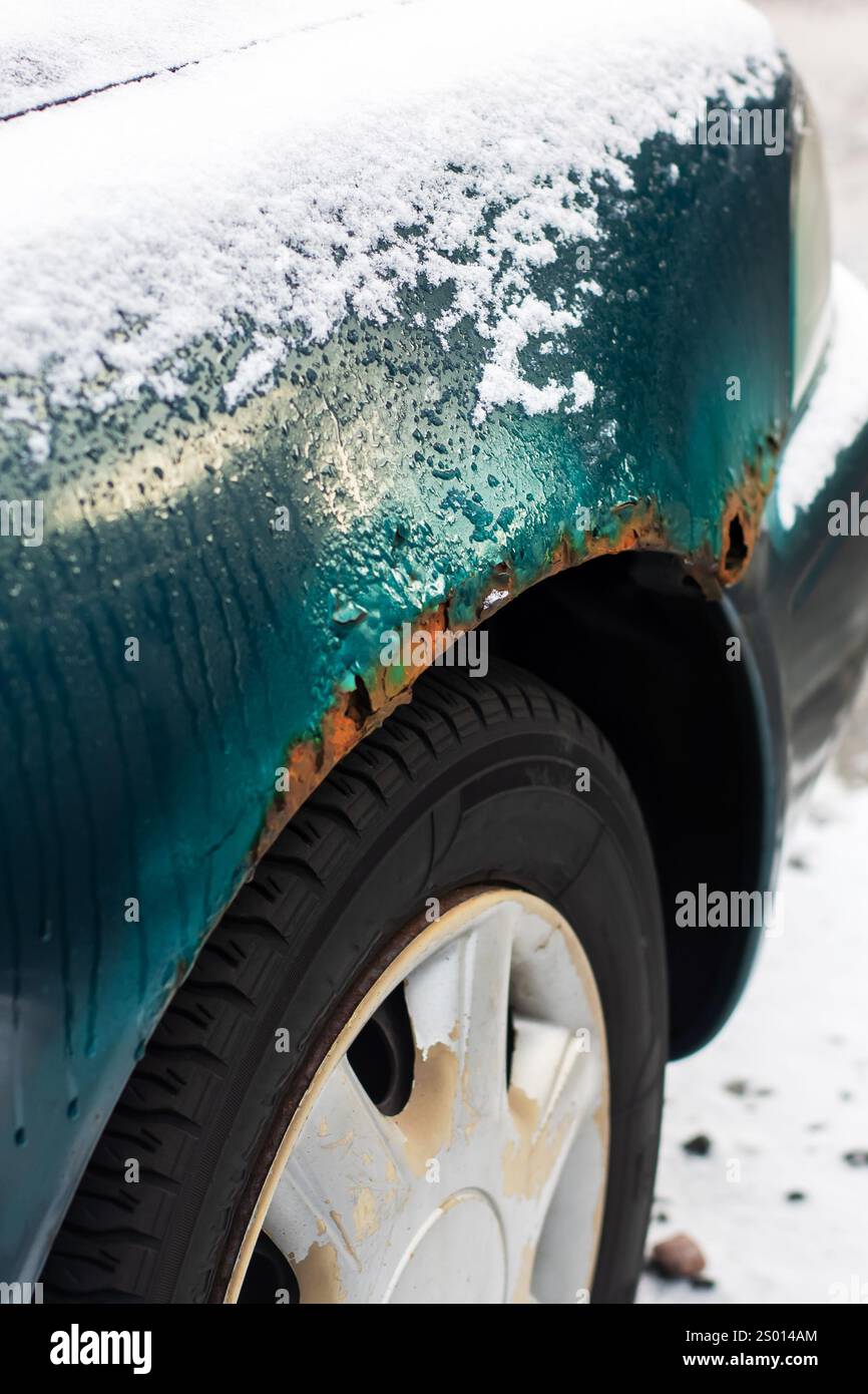 A green car that stands out is completely covered in a thick layer of ...