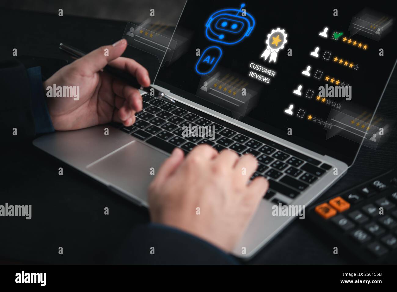 Hand navigating a digital review interface with AI and feedback icons ...