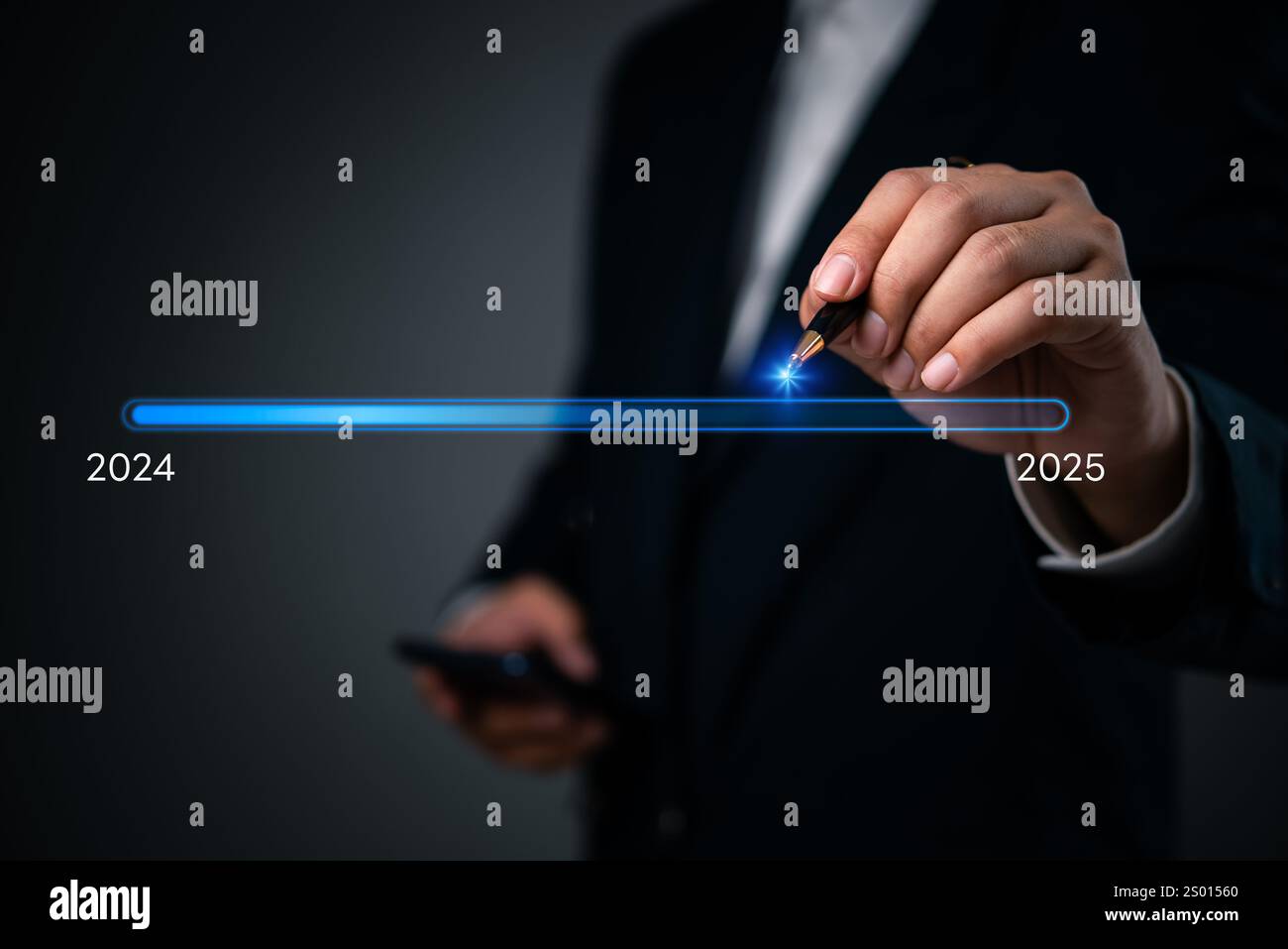 Hand pointing to a progression line from 2024 to 2025, representing ...