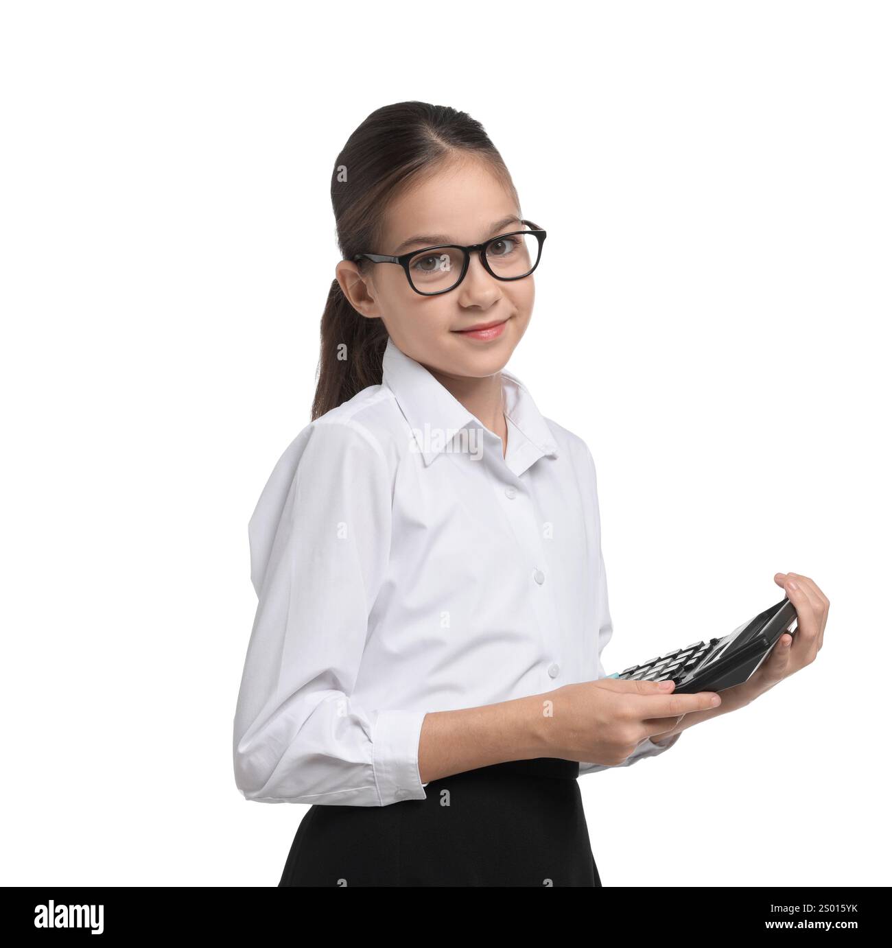 Girl with glasses and calculator pretending to be accountant on white ...