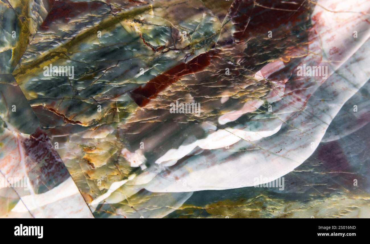 Jasper, polished plate of green mineral with yellow, red and white ...