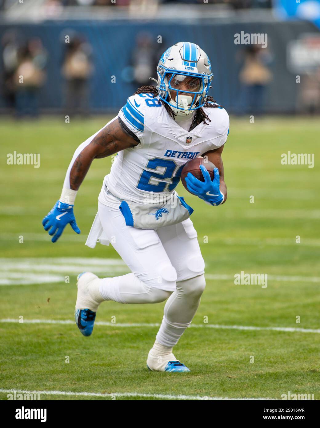 Detroit Lions Jermar Jefferson (28) runs with the ball during an NFL football game against the ...