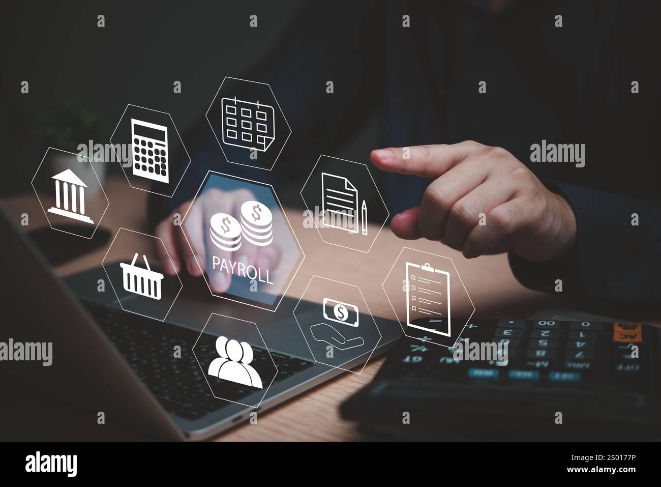 Person managing payroll with holographic icons for salary, accounting ...