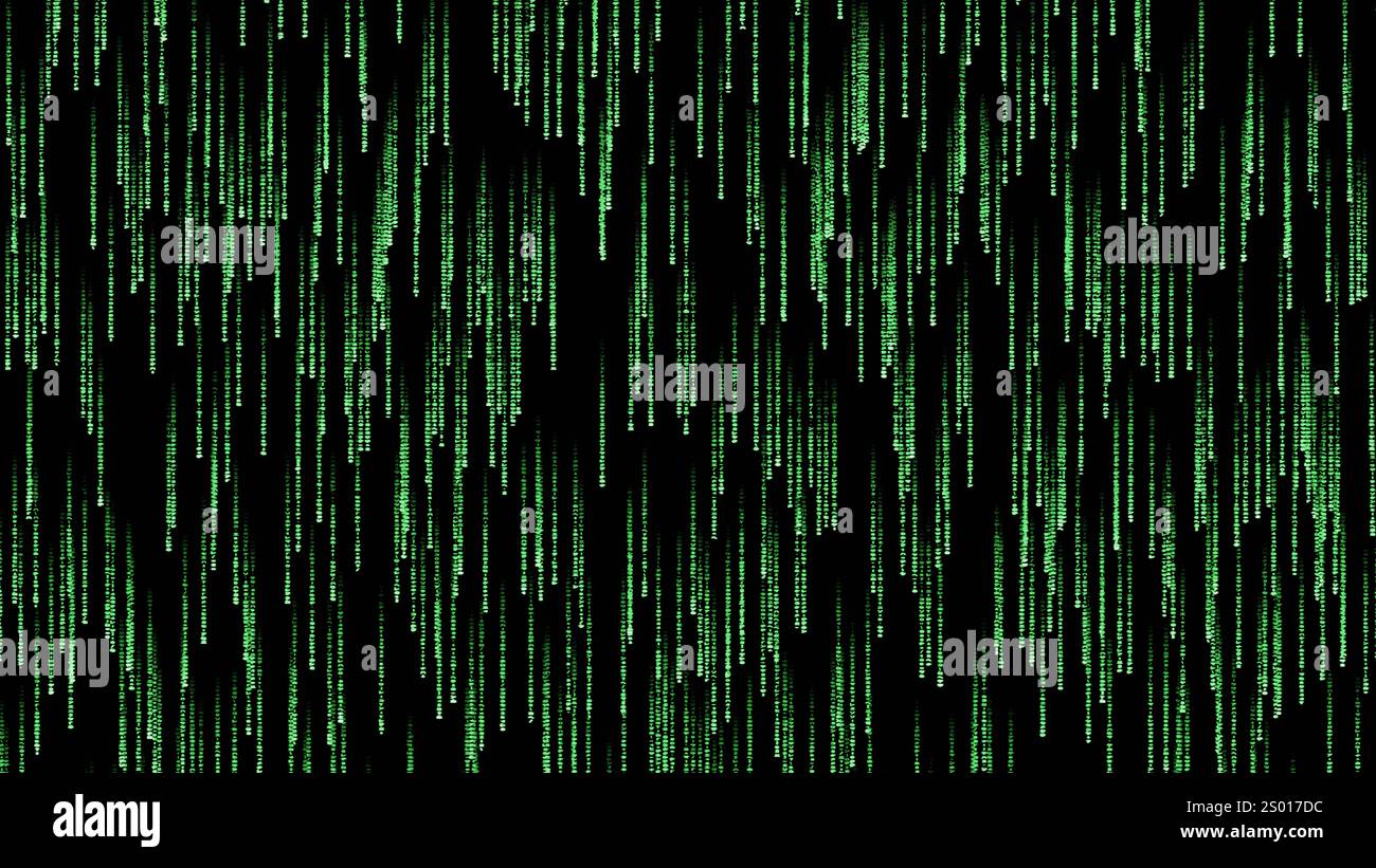 Matrix code, digital rain background, The falling green characters in verical lines on computer ...