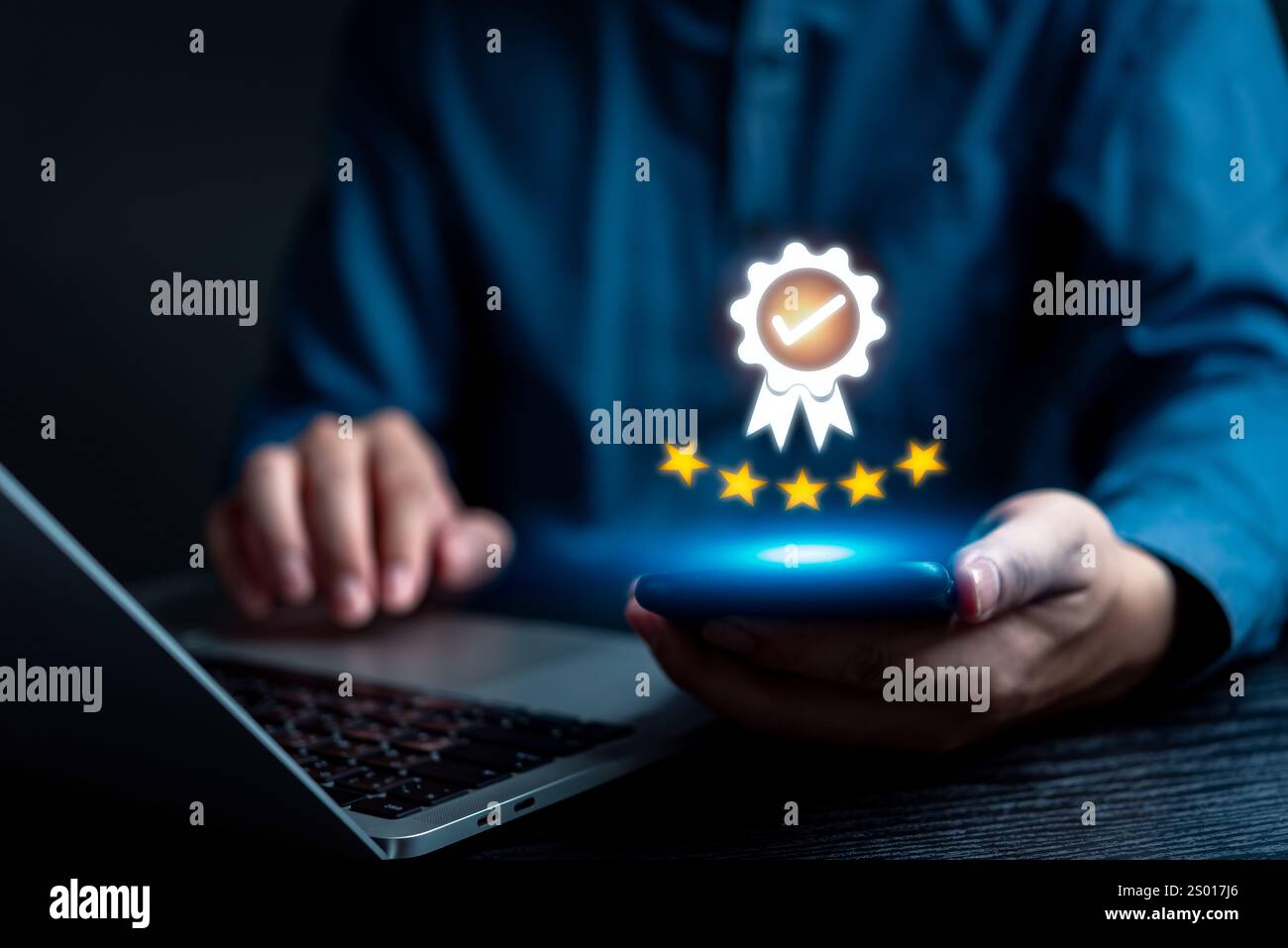 Smartphone with badge and star rating above, symbolizing customer ...